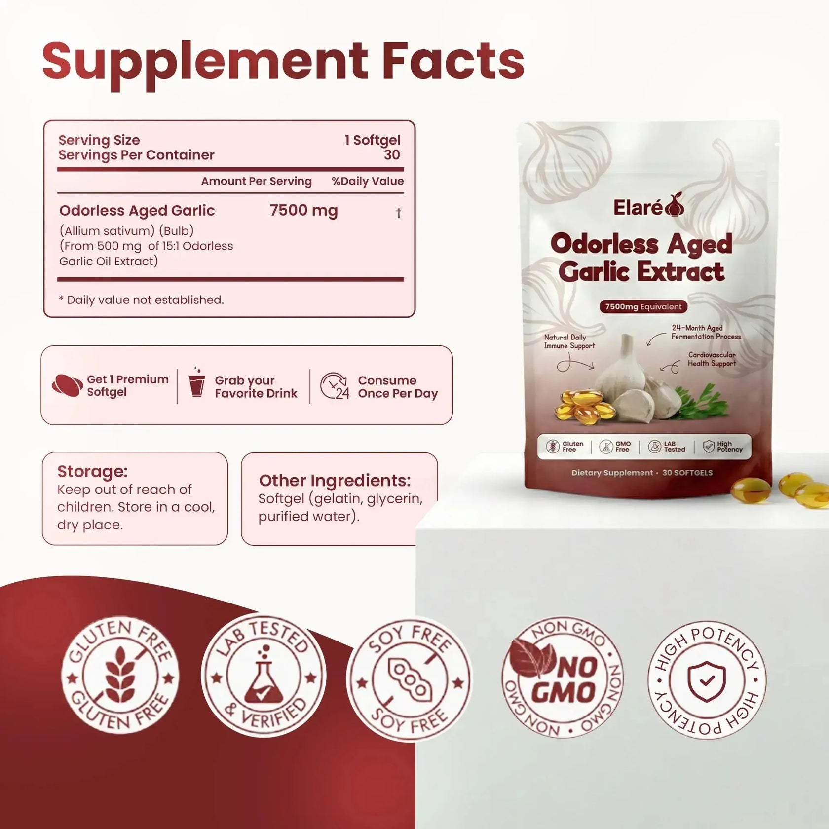 Aged Garlic Extract - 7500mg Odorless - Elare